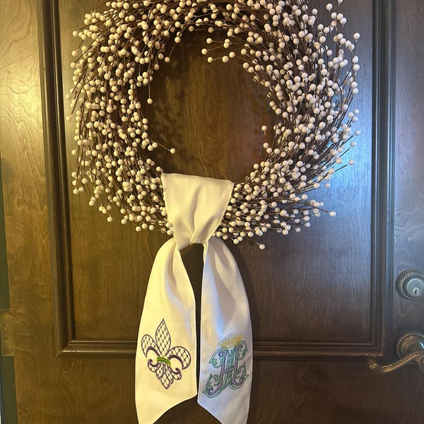 Mardi Gras Wreath Sash With Monogram, Custom Embroidered Wreath Sash ...