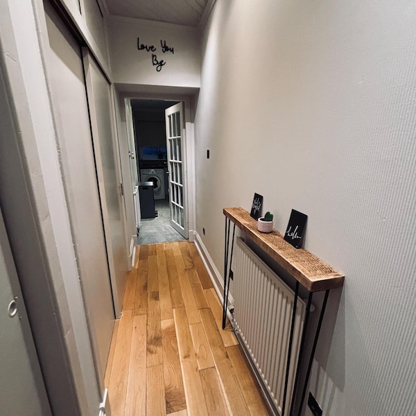 Narrow Omni Rustic Console Table With Black 3 Pin Hairpin Legs ...