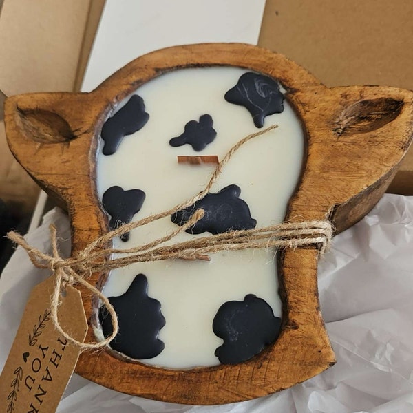 Cow Head Dough Bowl Candle, Crackling Wick Candles Cows Rustic Soy ...