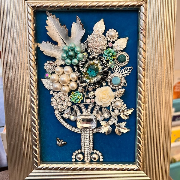 Jeweled Framed Jewelry Art Flower Bouquet Purple Gold Floral Rhinestone ...