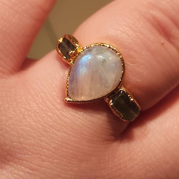 Natural Labradorite & Moonstone Ring \ Brass Ring \ Multi Stone Ring ...
