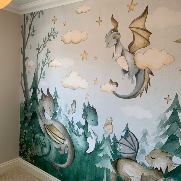 Dragon Kids Wallpaper – Mural With Dragons and Clouds | Custom Size ...