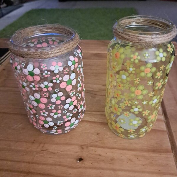 Hand Painted, Mandala Dotted Daisies, Upcycled Round Jars Topped With ...