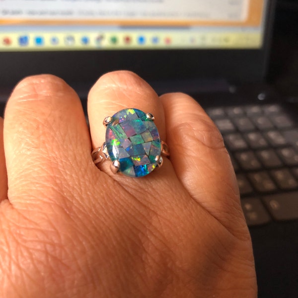 GENUINE Australian Opal Ring,mosaic Opal Ring,sterling Silver,opal Jewelry,birthstone,gift for ...