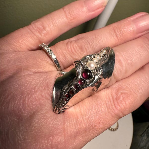 Silver Long Finger Ring , Large Gemstone Ring for Women Bohemian ...