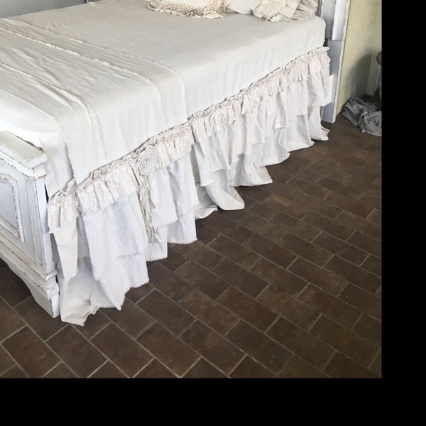 Custom Bed Scarf Bed Runner Long Multi Ruffle Ivory White Linen Cotton ...