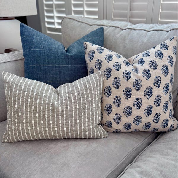 Blue Sofa Pillow Set, Blue and Cream Pillow Covers, Pillow Combination ...