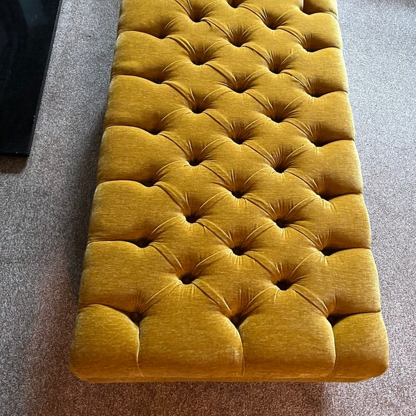 Chesterfield Deep Buttoned Footstool in Royal Blue Velvet With Mahogany ...