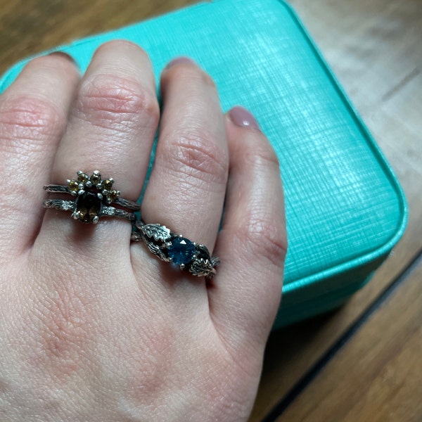Braided Branch and Oak Leaves Topaz Engagement Ring, Silver Tree Bark ...