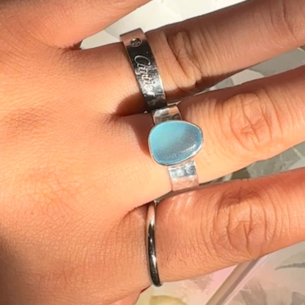 Light Blue Hammered Sea Glass Ring-sterling Silver Thick Band Ring--sea ...