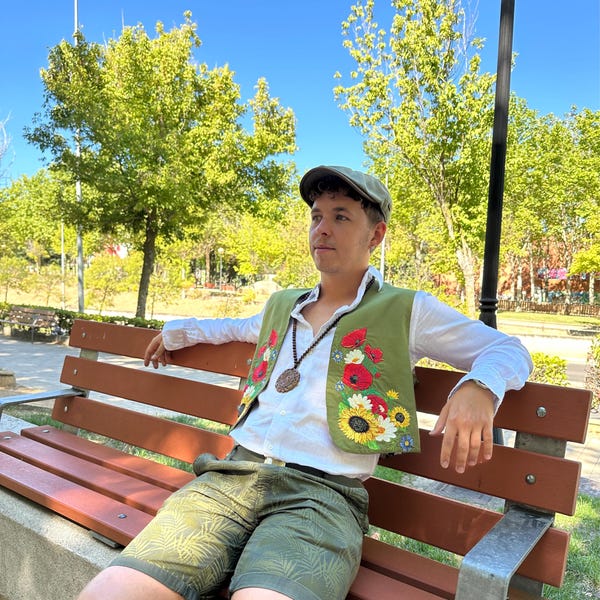 Green Vest With Floral Embroidery - Spanish Flowers - Handcrafted From ...