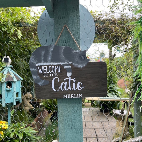 Hand Painted Welcome to the Catio Sign, Wood Cat Shaped Sign, Hanging ...