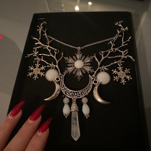 Necklace Snow Queen Winter Antique Silver White Jade Clear Quartz ...