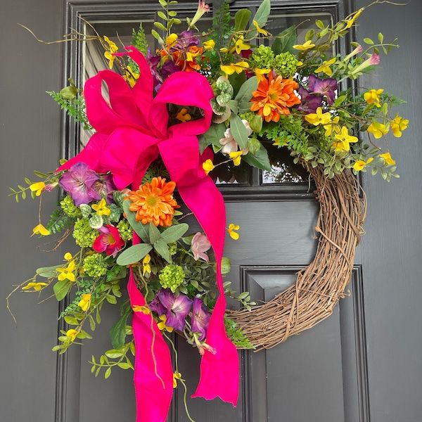 Spring Wreath, Bright Wreath for Spring and Summer, Bright Pink ...