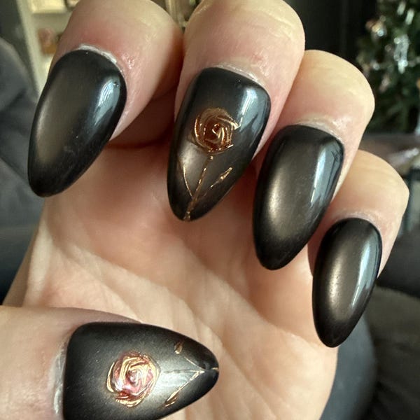 Gold Rose Embedded Press on Nails, Black Cat Eye Red Rose Gold Chrome ...