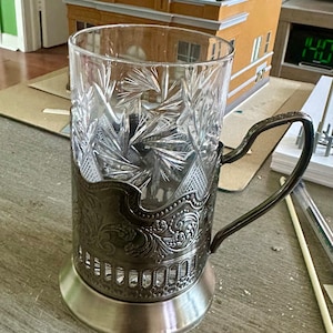 Set of 2 NEW Russian European Cut Crystal Tea Glasses 8.5 Oz. W/metal ...