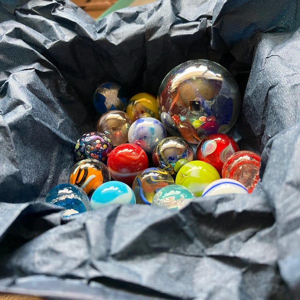 50 Marbles in a Purple Velvet Bag - Glass Handmade Colourful Marbles ...