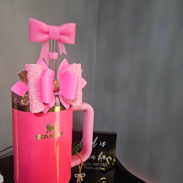 Pink Parade Stanley Tumbler Bow Straw Topper Neon Pink and Gold Stanley ...