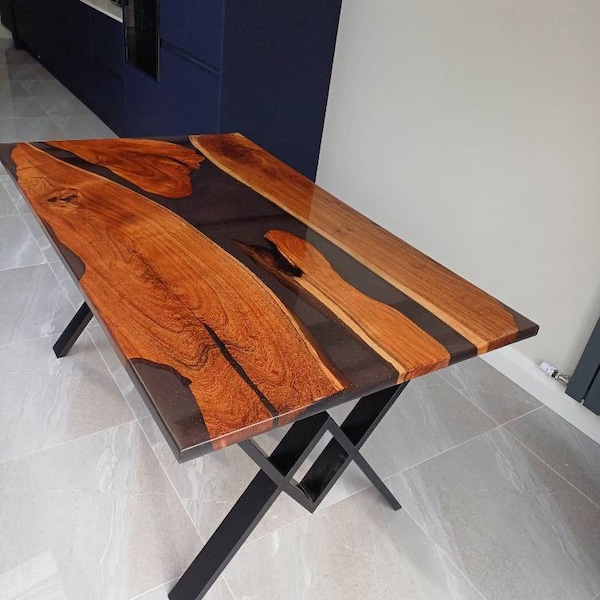 Stone Epoxy Table, Live Edge Wooden Table, Epoxy Ocean River , Natural ...