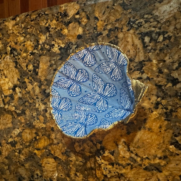 Blue Oyster Shell Trinket Dish With 18KT. GOLD Leaf Edges, Shell ...