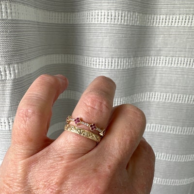 Clover Ring / Full Eternity Ruby and Diamond Ring in 14k Gold / Stacking Ring / Ruby Stackable ...