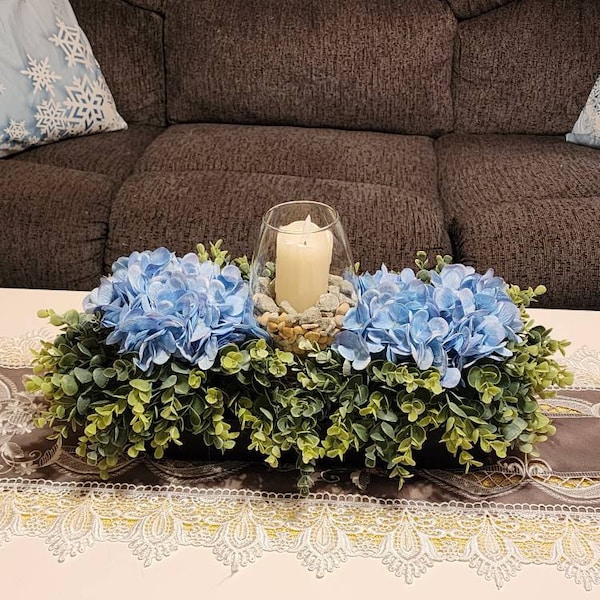 Dough Bowl Arrangement Blue Hydrangea Centerpiece Farmhouse Hydrangea ...