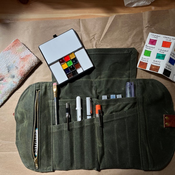 Roll up Mini Pencil Case, Pen Roll, Waxed Canvas and Leather, 12 ...