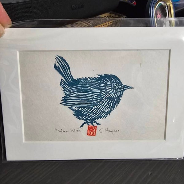 Blue Wren Wren, Original Linocut, Hand-pulled Print, Jenny Wren, Bird ...