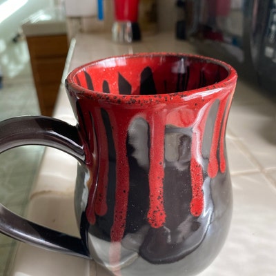 Vampire Mug, Blood Red Drip on Black Satin Glaze, Handmade Stoneware ...