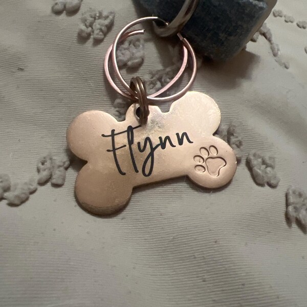 Rose Gold Personalized Dog Bone ID Tag With Dog Paw Imprint, Name ID ...