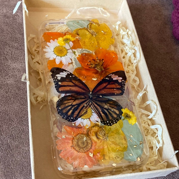 Butterfly Pressed Flowers Case for iPhone 7 8 X XR 11 12 13 14 15 16 ...