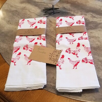 Chicken Kitchen Towel, Handprinted Kitchen Towel, Hen and Rooster ...