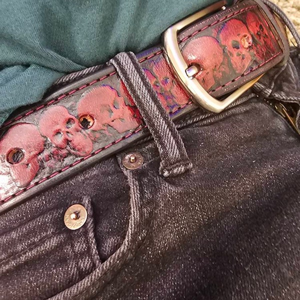 Leather Skull Belt, Biker Belt, Skull Tooled Brown Leather Belt, Custom ...