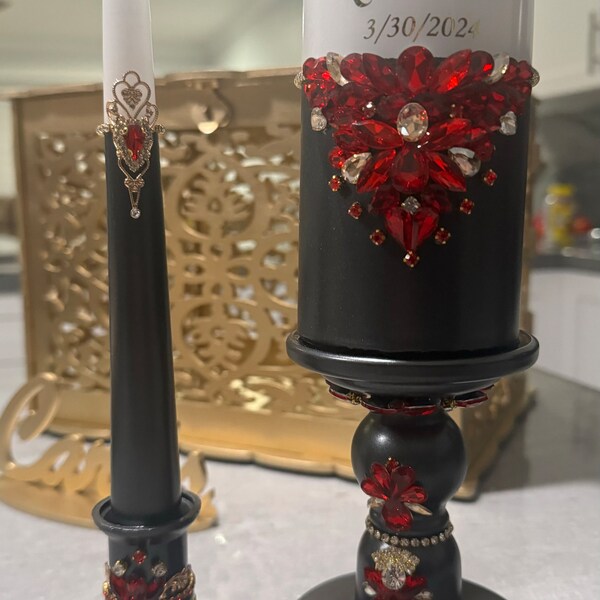 Red Black Unity Candle Set Wedding, Gold Black Red Wedding Candles ...