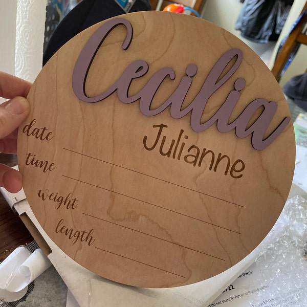 Round Wooden Baby Plaque 3D Custom Wood Baby Name Announcement Sign ...