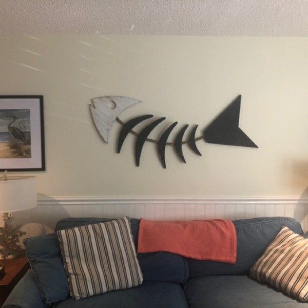 Rope Fish Bone Sign Fish Art Wooden Fish Beach Decor Indoor Patio ...