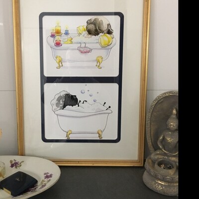 Black Pug Bath Bubbles Minimalist Pug in the Tub Art Print, Cute Black ...