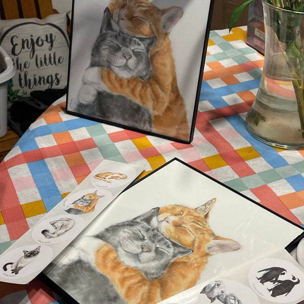 Cat Couple Wall Art – Gray N Orange Tabby Hug W Love Watercolor Poster ...
