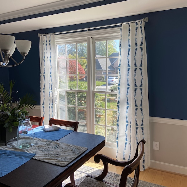 IMMEDIATE SHIP NAVY Curtains Dark Blue and White Drapes Navy Ikat ...