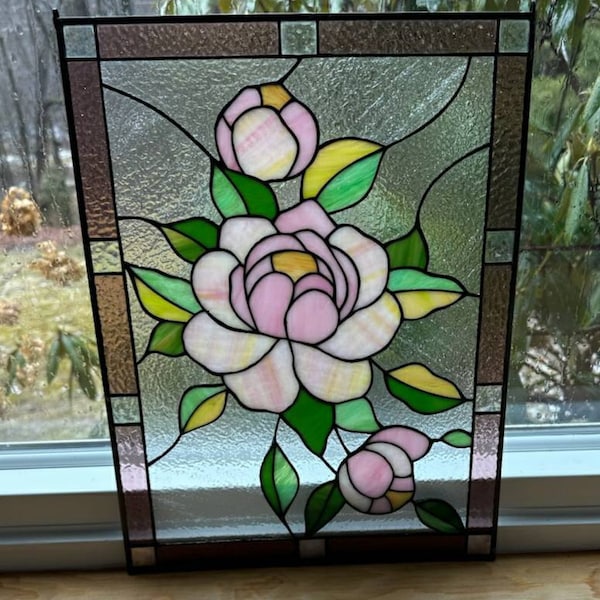 Pink Magnolia Stained Glass Panel Gifts Custom Stained Glass Panel Pink ...