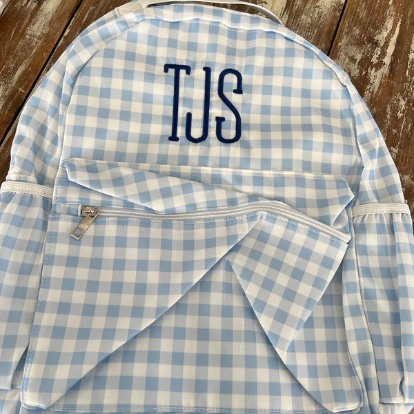Monogrammed Gingham Nylon Backpack in Pink or Blue, Personalized Diaper ...