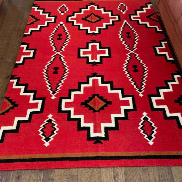 Red Mexican Handwoven Wool Navajo Rug Geometric Pattern Western Design ...