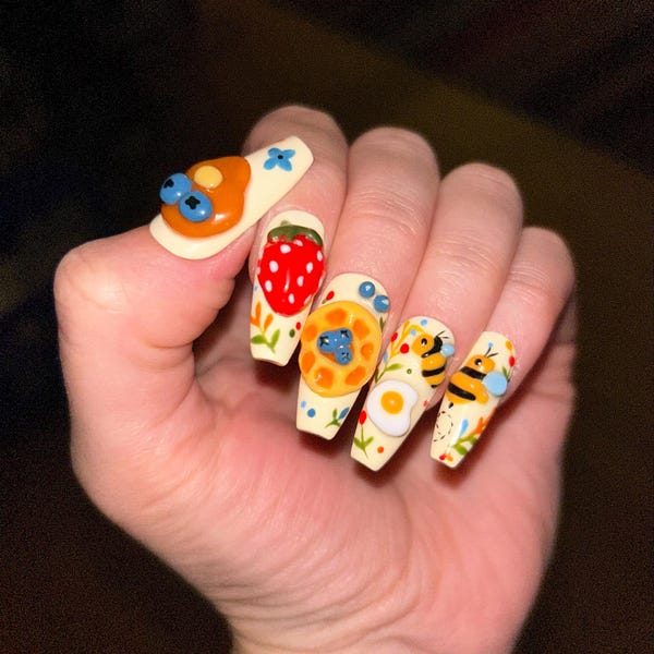 Picnic Theme Press on Nails, Spring Bee Nail Art, 3D Waffle Egg ...