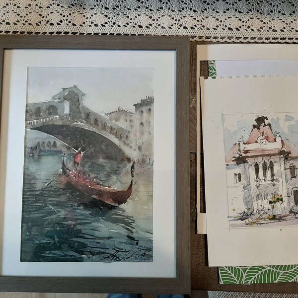 Ink Pen and Watercolor Urban Sketch of Venice Watercolor Original ...