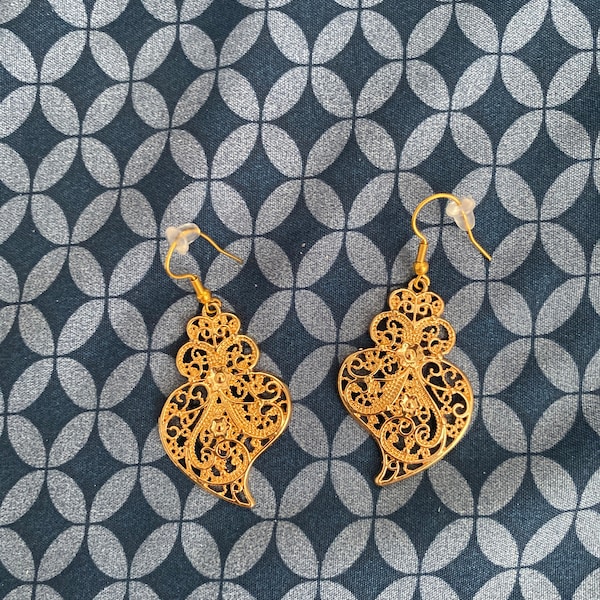 1 Pair of Portuguese Filigree Earrings Gold 4 Cm Charm Heart Flower ...