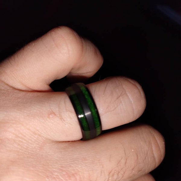 Two Inlay Exotic Green Wood Inlay Dome Wedding Ring, 8mm Black Tungsten ...