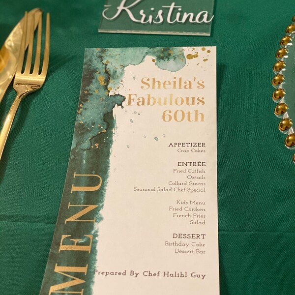 Birthday Menu Card, Emerald Green and Gold Party Table Menus Decor ...