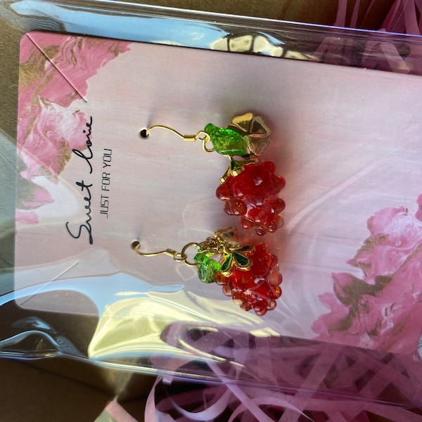 Raspberry Earrings Glass Fruit Earrings Food Jewelry Dangle & Drop ...