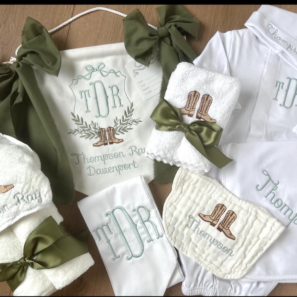 Custom Monogrammed Ultimate Baby Gift Bundle With Baby Bassinet Banner ...