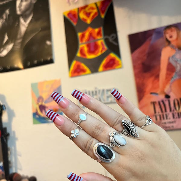 Striped French Nails: Custom Starburst Design//glitter Nails/sparkle ...